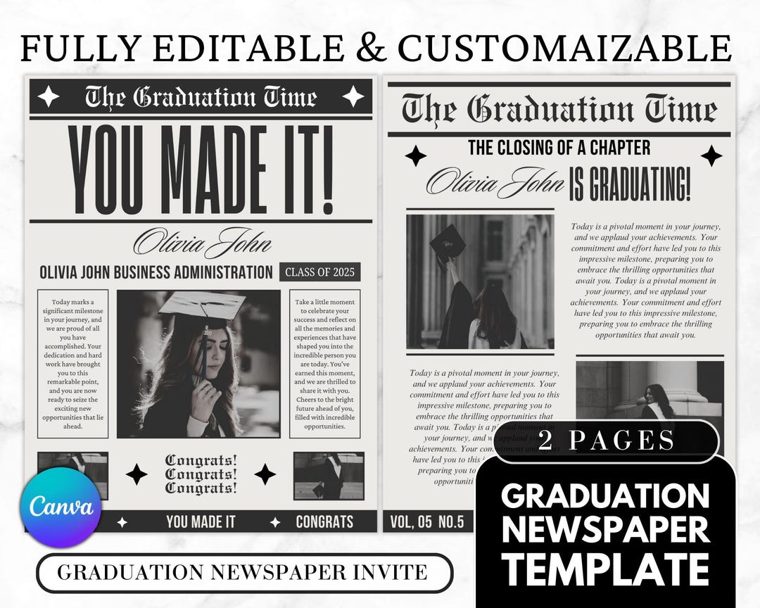 Canva Graduation Party Invite Newspaper Template, Large Editable ...