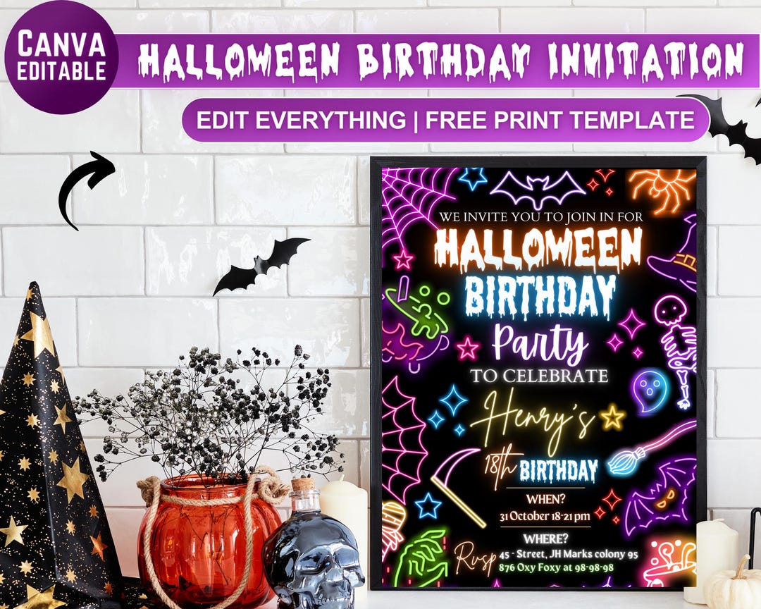 Digital Halloween Party Invitation, Animated Scull Pumpkin Party,neon ...