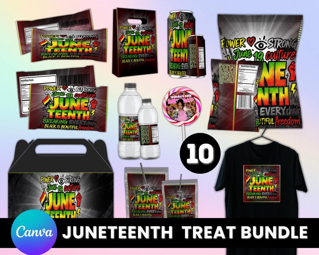 Juneteenth Party Favor Bundle, Editable Canva Template, Juneteenth Chip ...