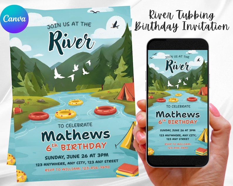 River Tubbing Birthday Invitation, EDITABLE Summer Lake Party Invite ...