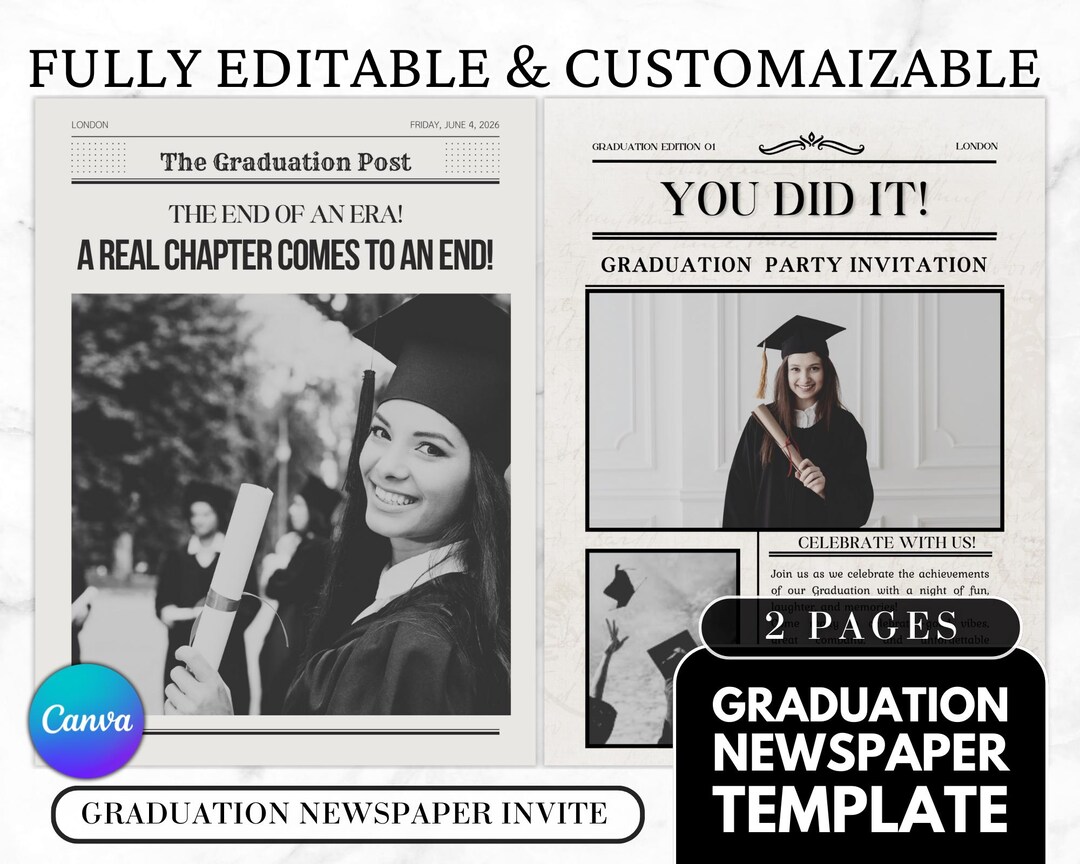 Canva Graduation Party Invite Newspaper Template, Large Editable ...