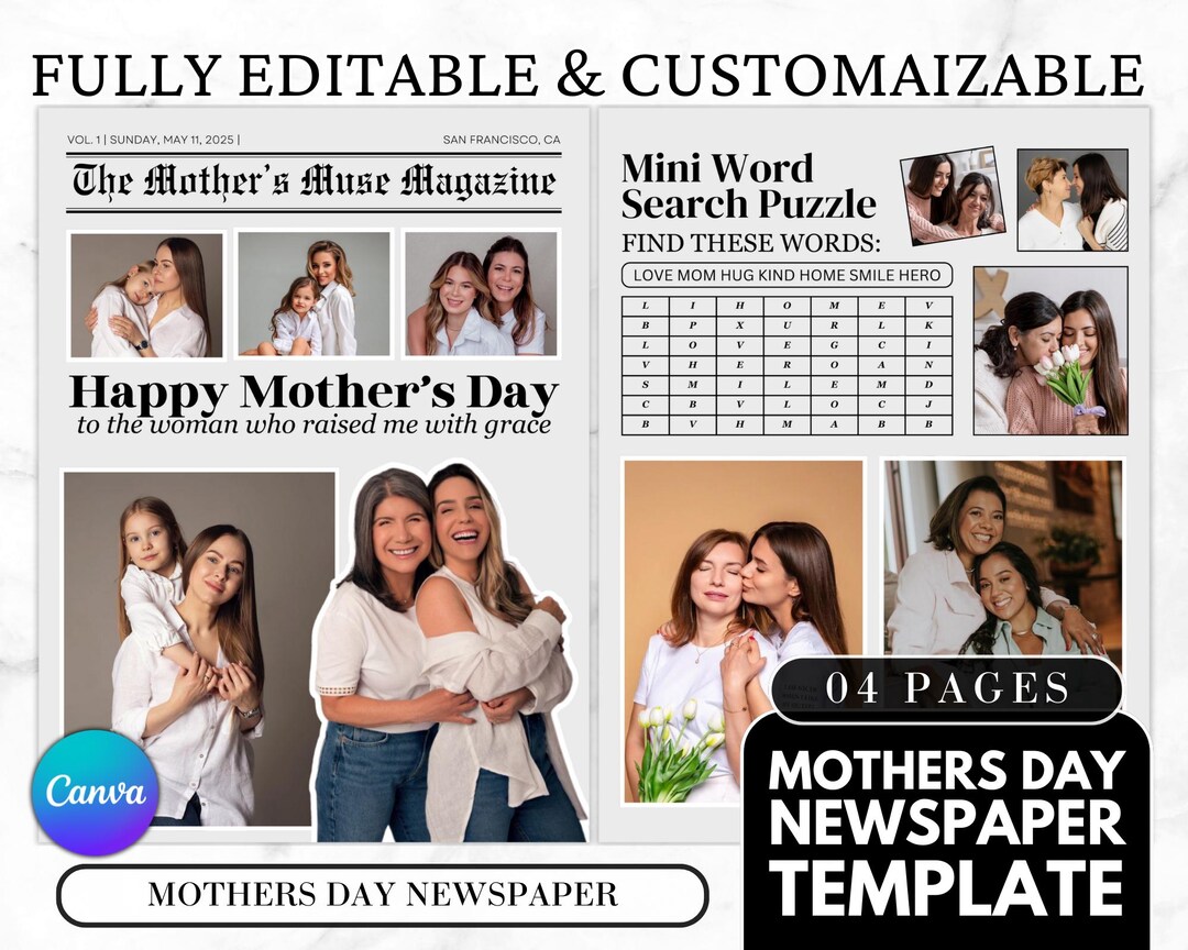 Mother's Day Newspaper Template Flower Wrap Editable Canva Template ...