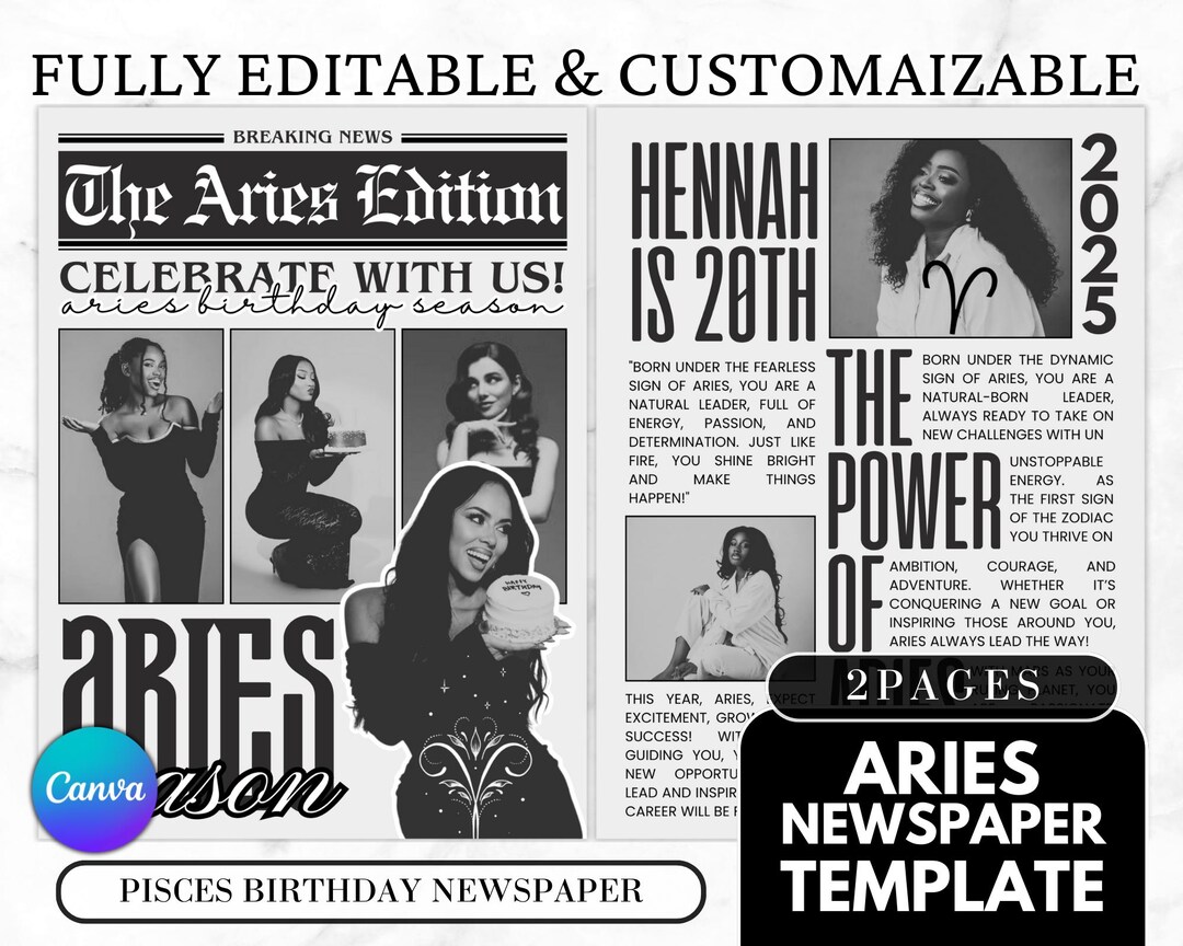 Aries Birthday Newspaper Canva Template,zodiac Birthday Newspaper ...