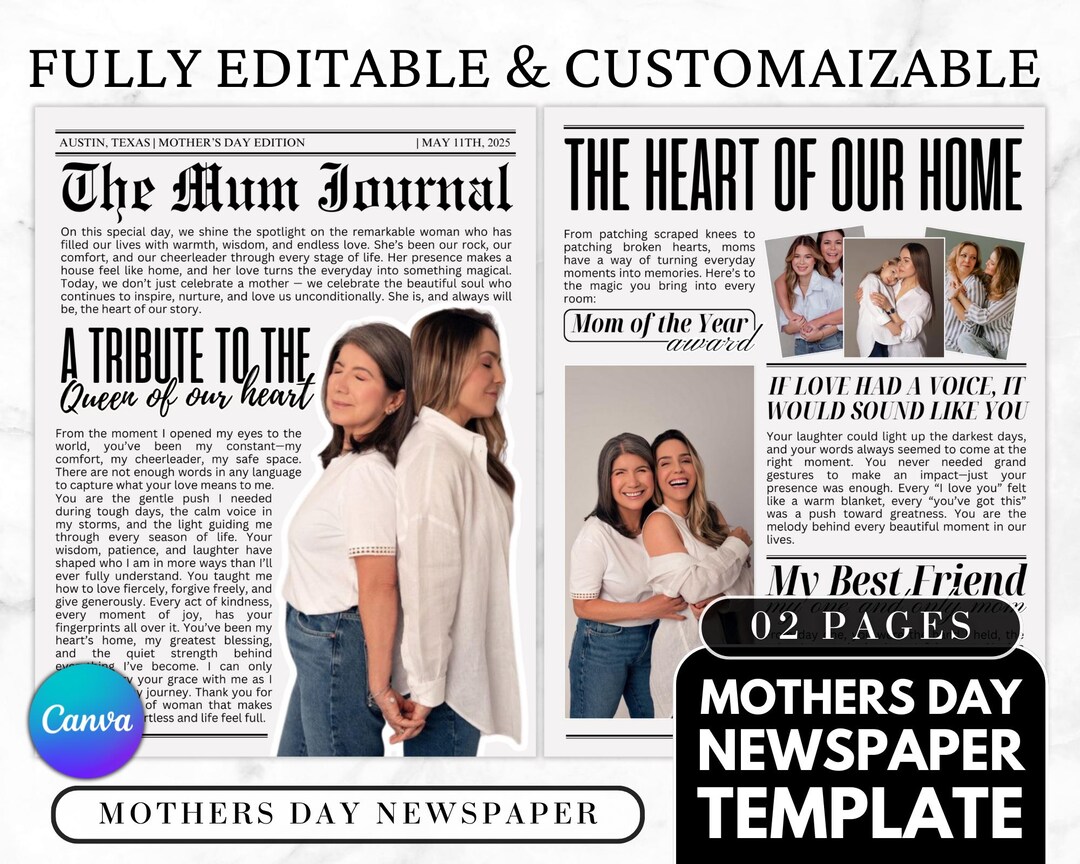 Mother's Day Newspaper Template Flower Wrap Editable Canva Template ...