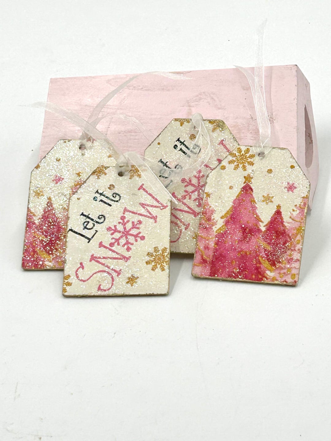 Pink Christmas Gift Tags: Set of 4 Sparkly Wooden Tags - Etsy
