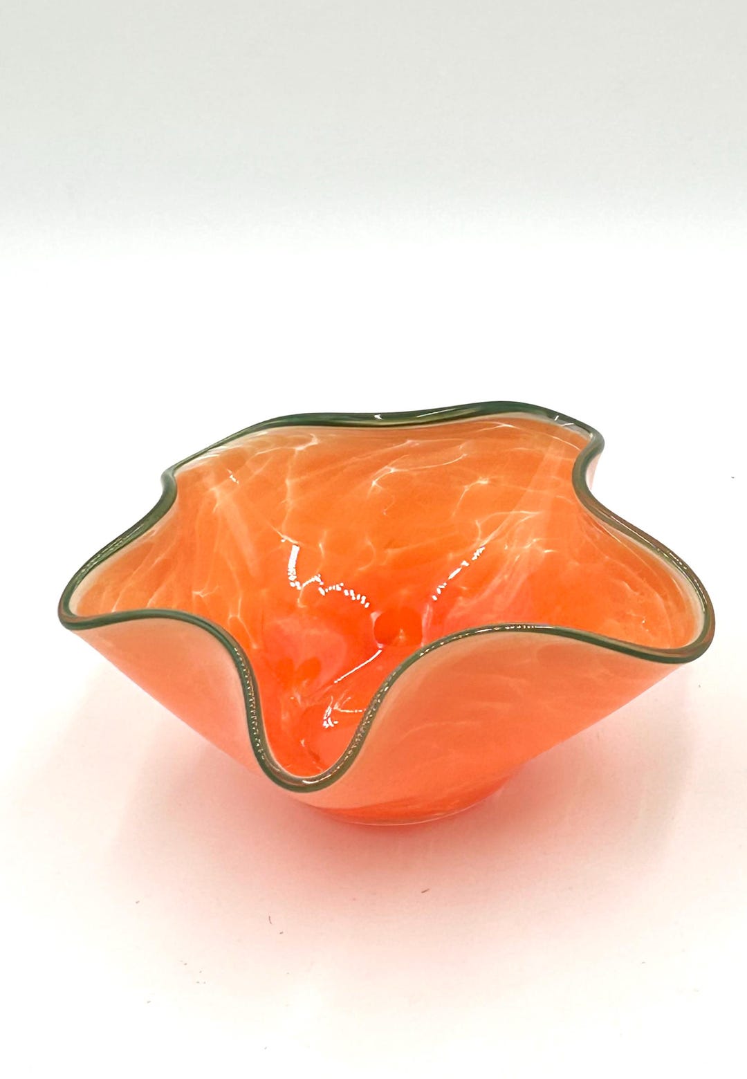 Orange Blown Glass Flutter Bowl With Green Trim. Glass Ruffle Bowl in Light Red. Lol - Etsy