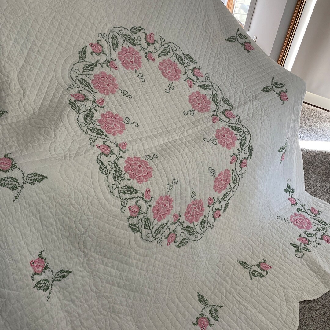 Vintage Hand Embroidered Hand Quilted Pink and White Roses Quilt With ...
