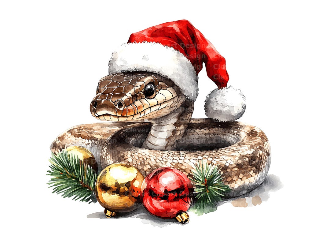10 Christmas Snake Clipart, Snake Christmas Card Art, Snake in Santa ...