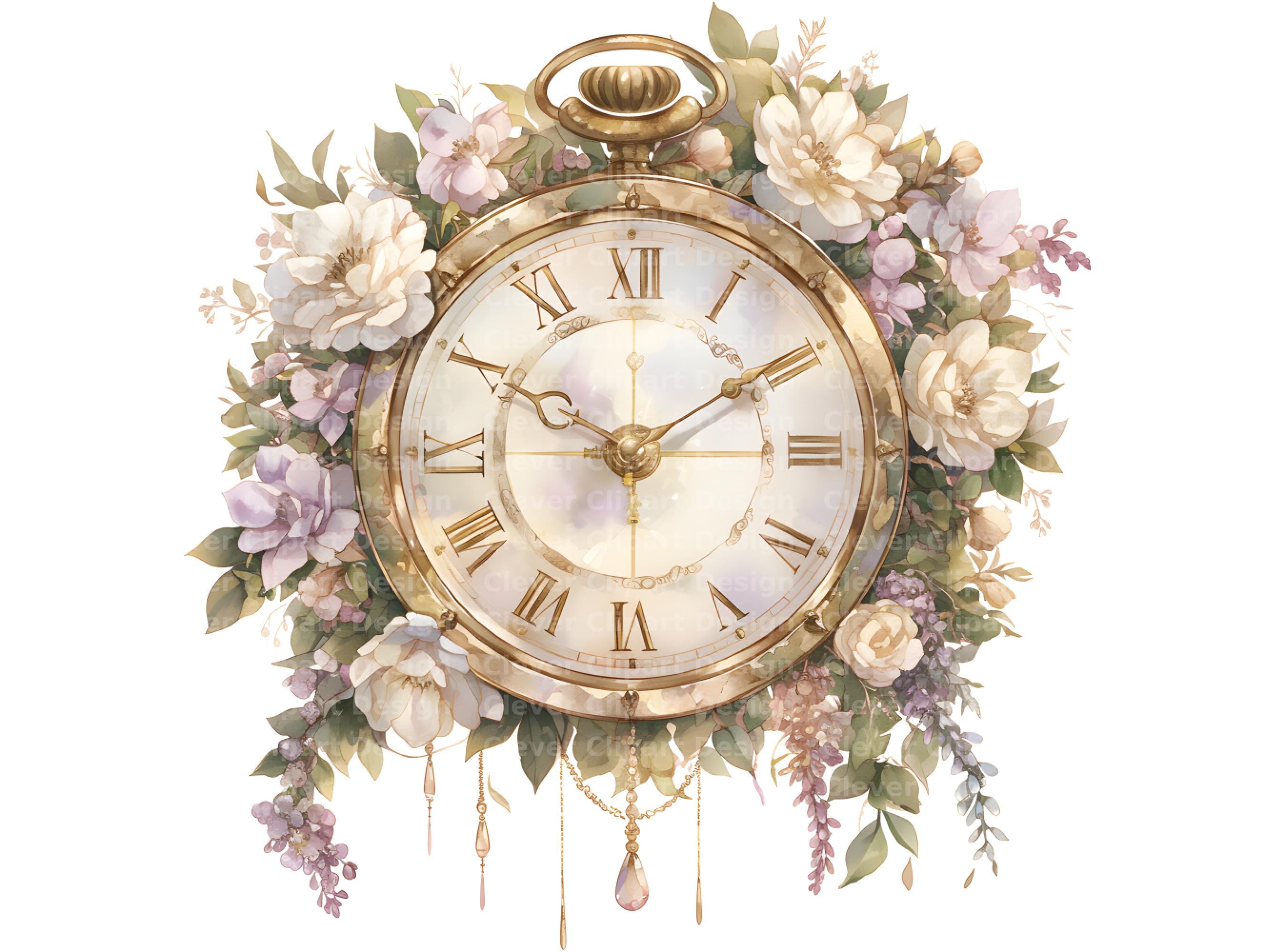 10 Floral Clock Clipart, Flower Theme Clock, Printable Watercolor ...