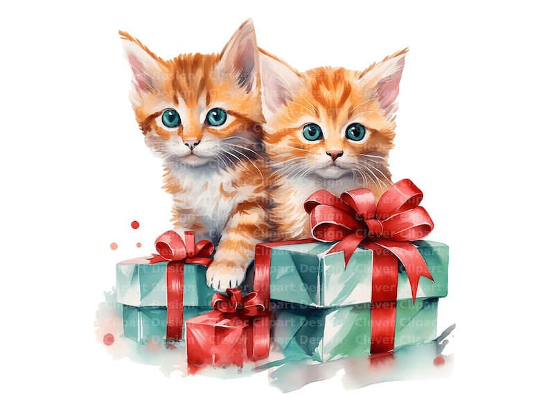 10 Christmas Cat Clipart - Watercolor Kittens Family PNG Bundle - Etsy