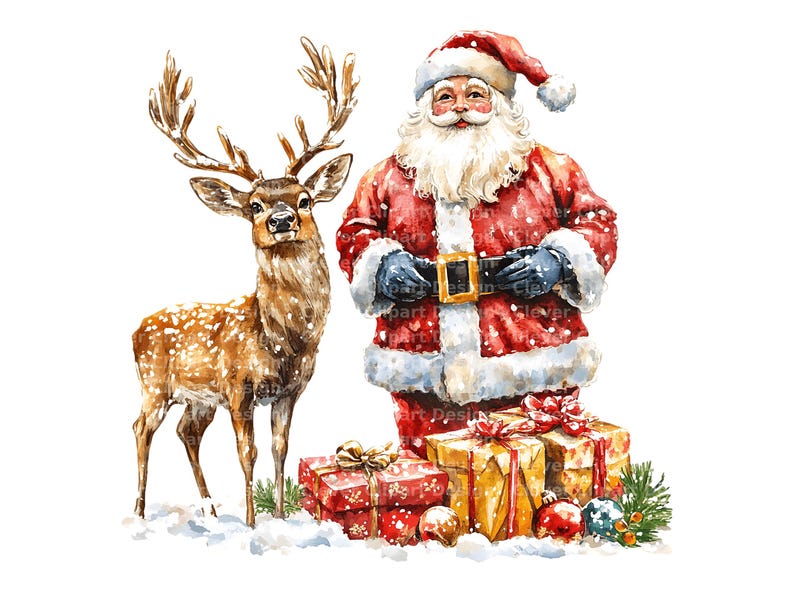 10 Santa and Reindeer Clipart - Watercolor Christmas PNG Bundle - Etsy