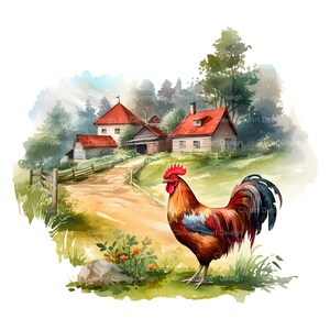 10 Rooster Clipart, Farmyard Clipart, Farm Landscape Digital, Farm Art ...