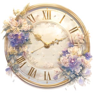 10 Floral Clock Clipart, Flower Theme Clock, Printable Watercolor ...