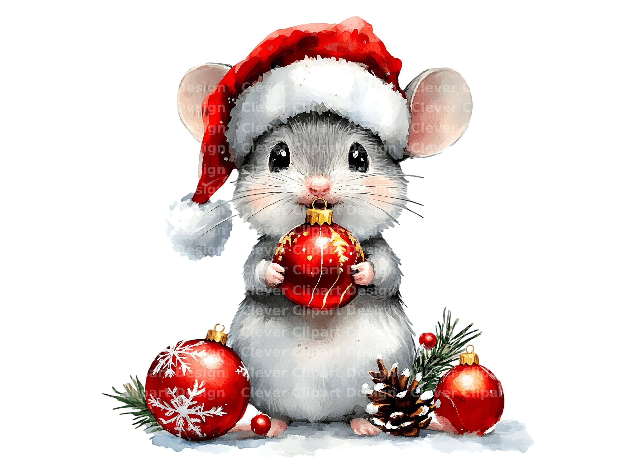 10 Christmas Mouse Clipart, Christmas Card, Mouse in Santa Hat, Mouse ...