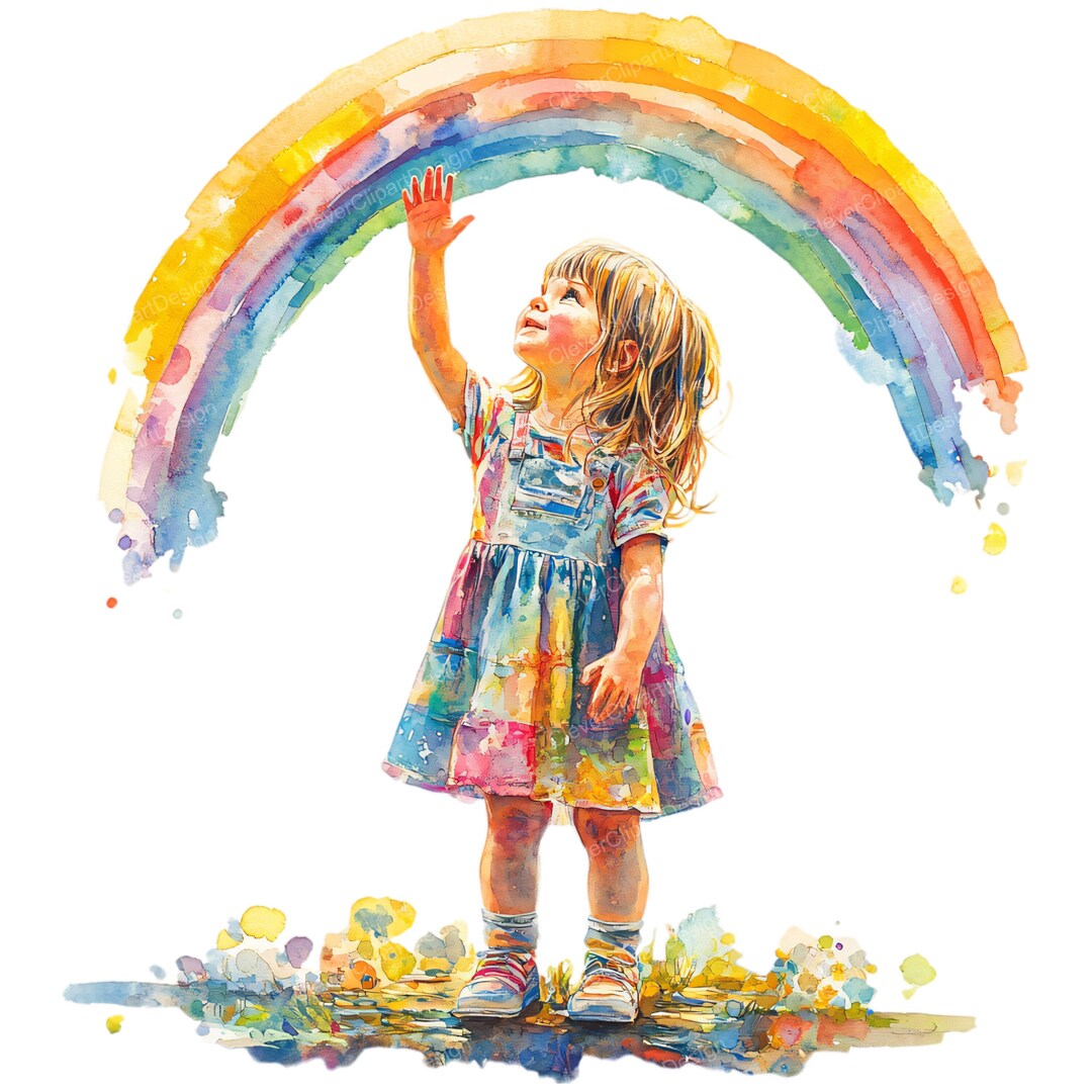 10 Rainbow Girl Clipart - Watercolor Nursery Child With Rainbow (PNG ...