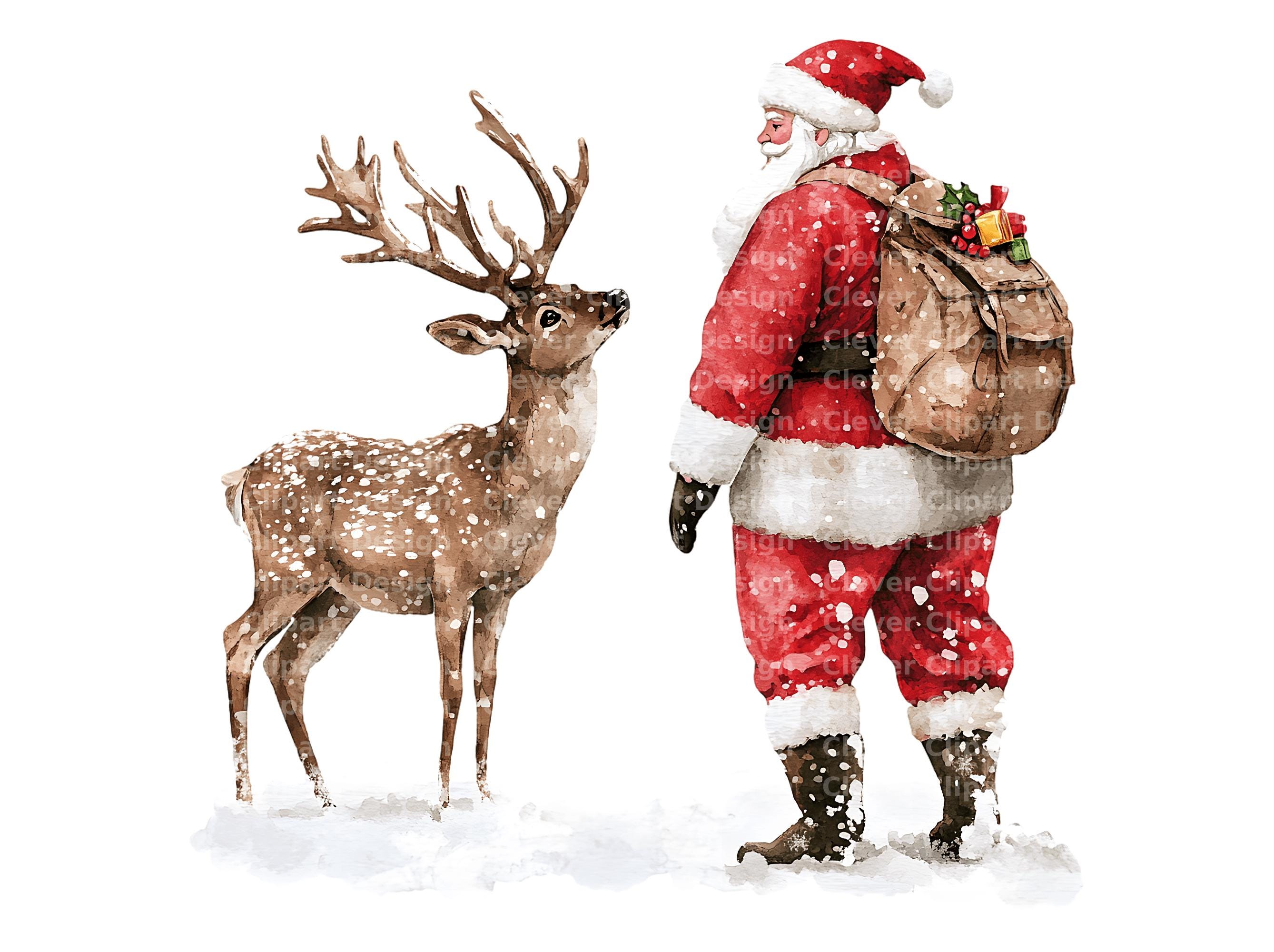 10 Santa and Reindeer Clipart - Watercolor Christmas PNG Bundle - Etsy