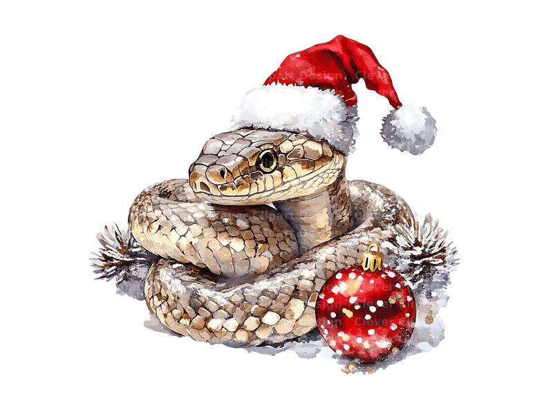 10 Christmas Snake Clipart, Snake Christmas Card Art, Snake in Santa ...