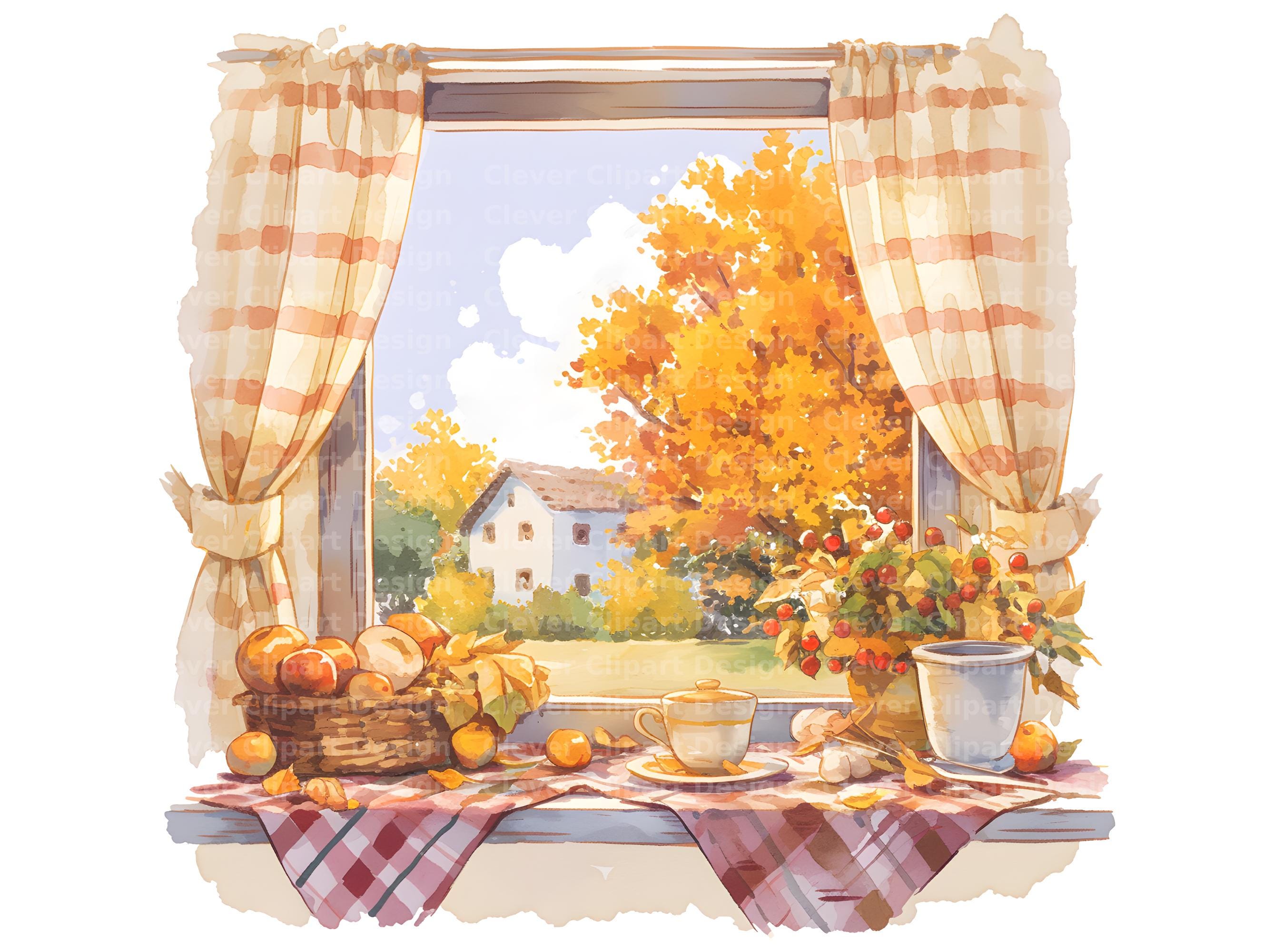 10 Autumn Window Clipart - Watercolor Cozy Window Scenes, Fall Views ...