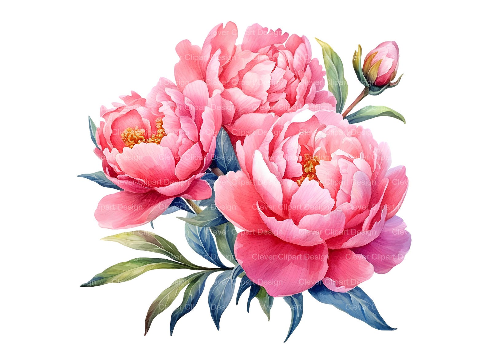 10 Pink Peonies Clipart, Peony Watercolor Art, Peonies Bouquet Clipart ...