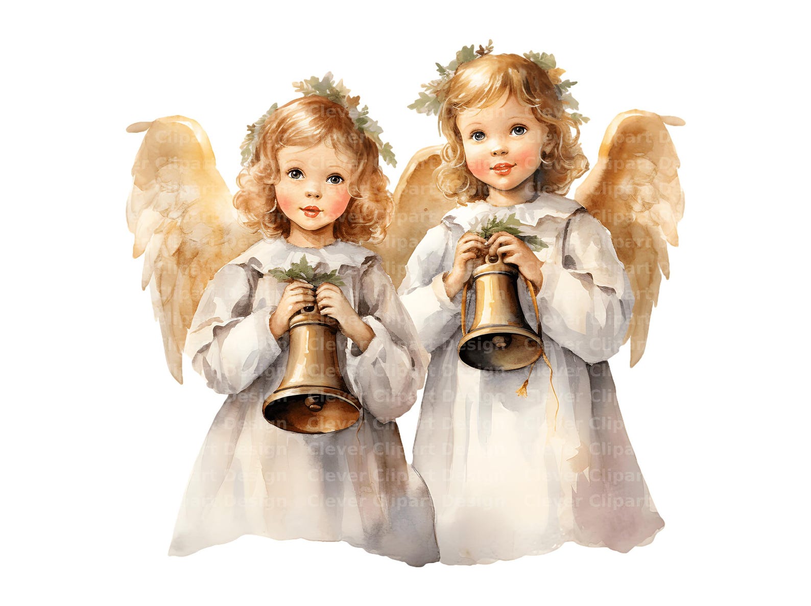 10 Christmas Angels Clipart, Angels With Bells, Christmas Card Art ...