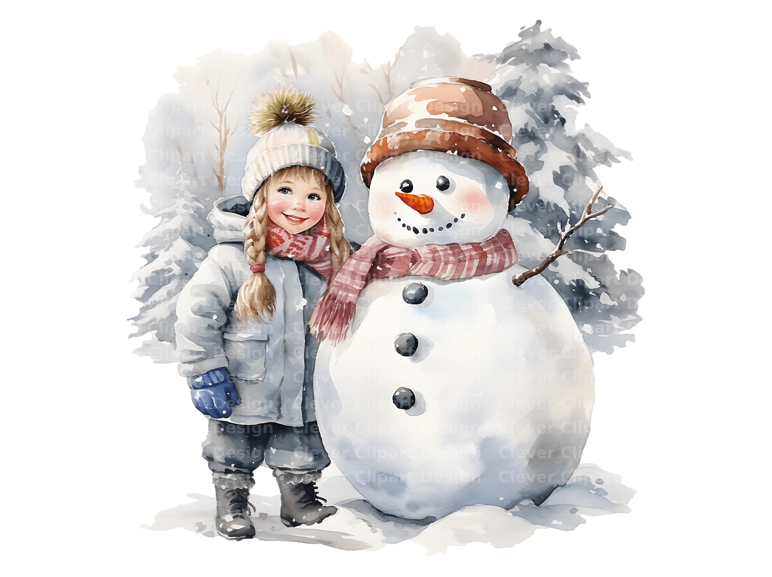 10 Kid and Snowman Clipart, Child Building Snowman, Winter Kids Clipart ...