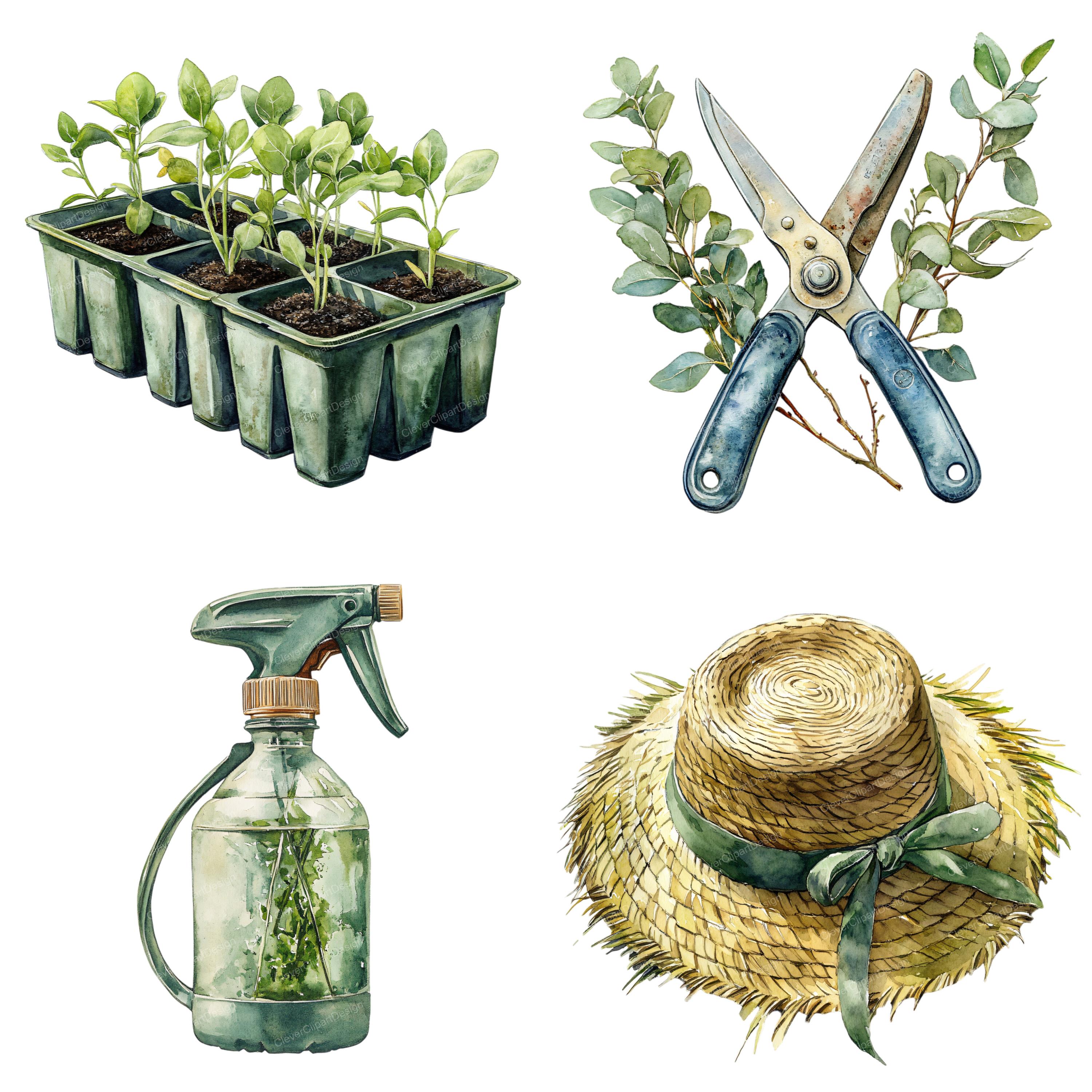 17 Gardening Tools Clipart - Vintage Watercolor Gardening Essentials ...