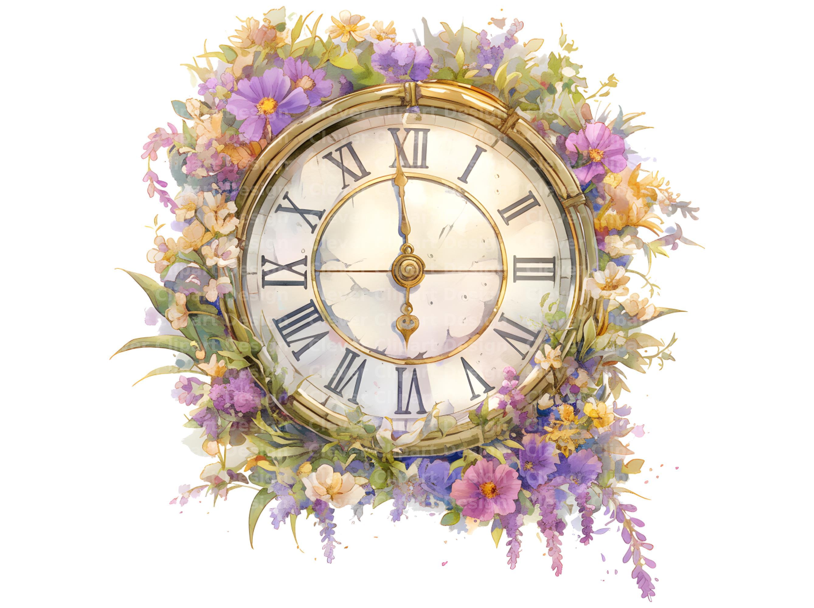 10 Floral Clock Clipart, Flower Theme Clock, Printable Watercolor ...