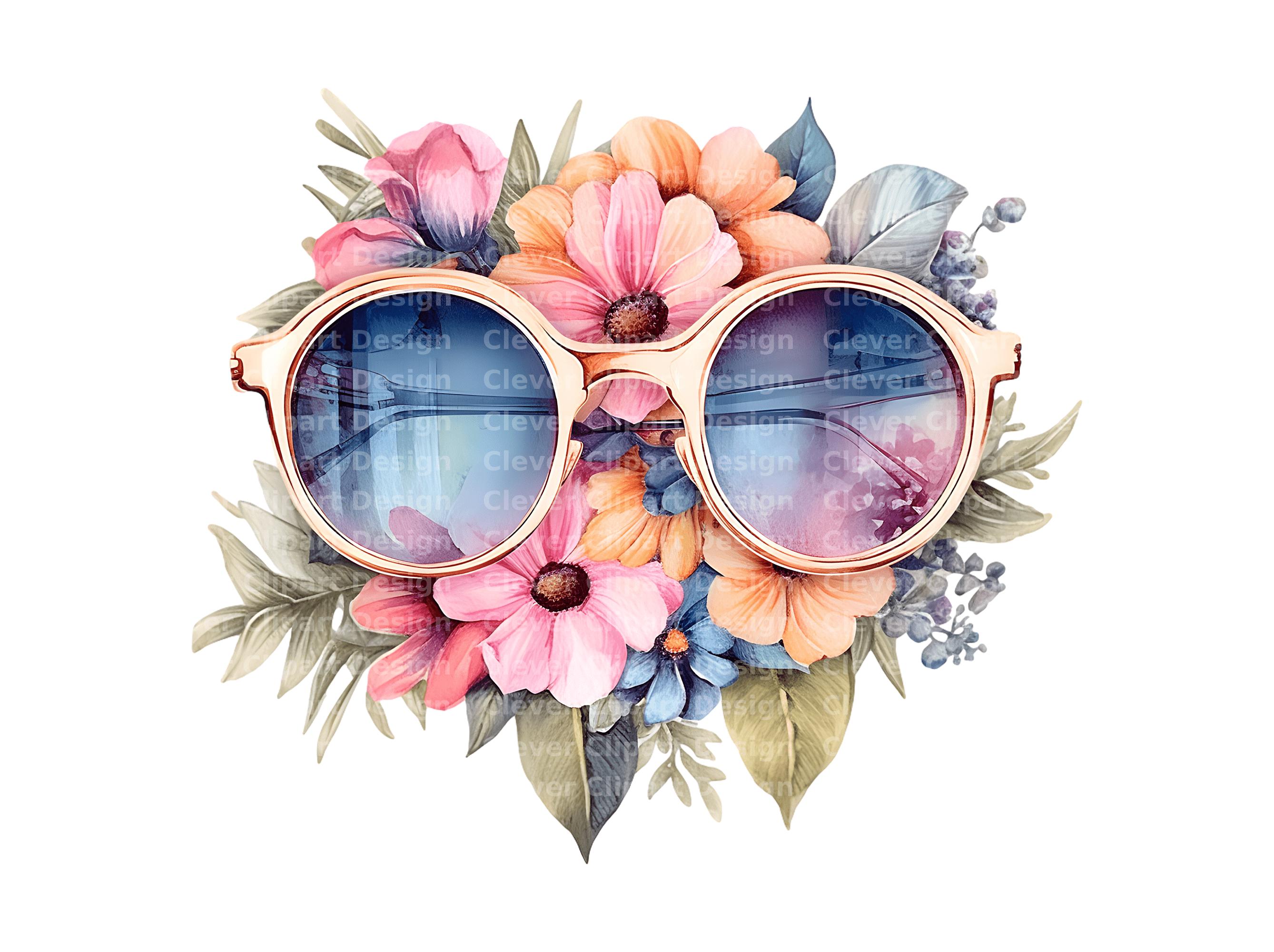 10 Floral Sunglasses Clipart - Watercolor Retro Glasses With Flowers ...