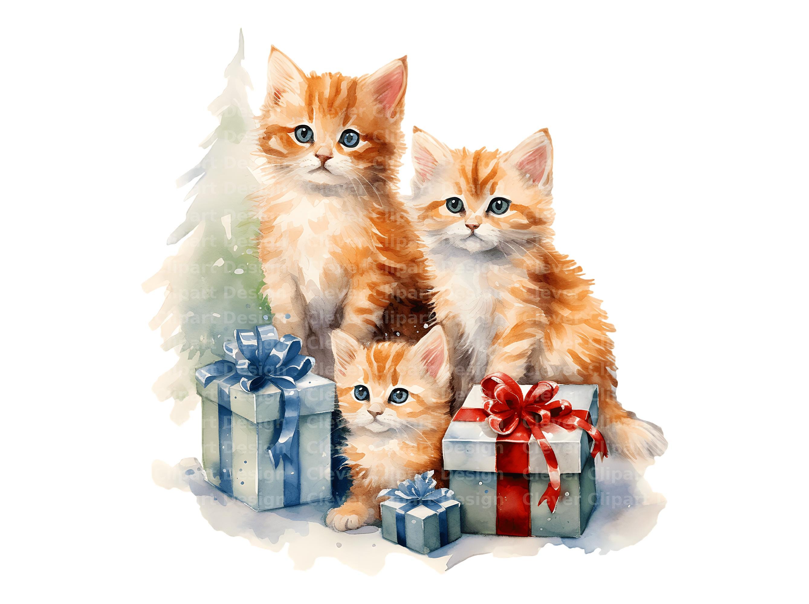 10 Christmas Cat Clipart - Watercolor Kittens Family PNG Bundle - Etsy