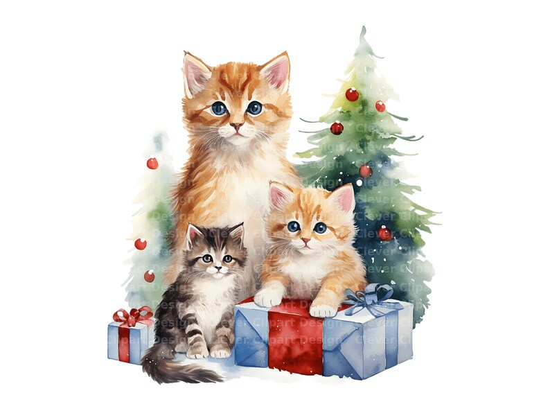 10 Christmas Cat Clipart - Watercolor Kittens Family PNG Bundle - Etsy