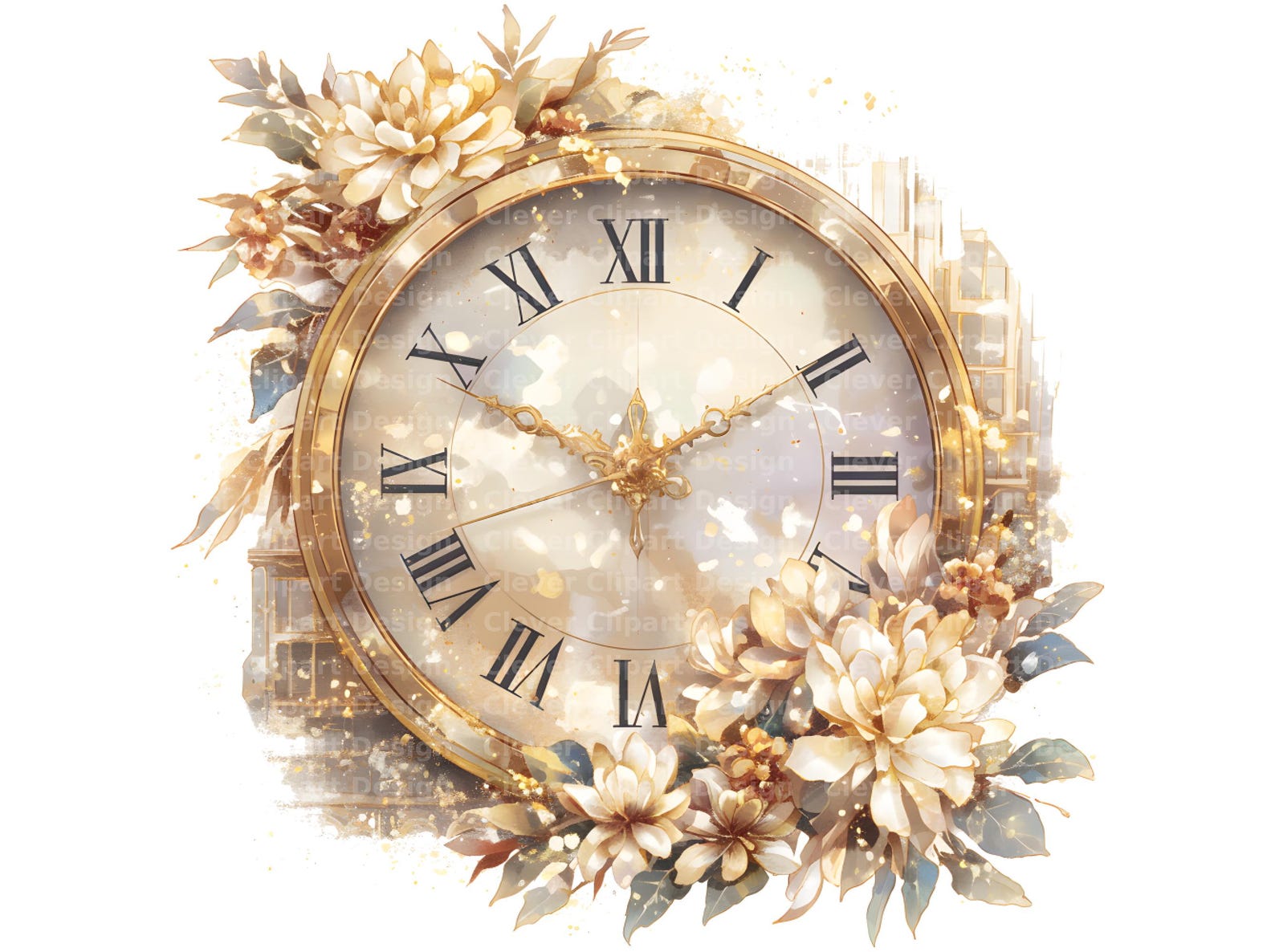 10 Floral Clock Clipart, Flower Theme Clock, Printable Watercolor ...