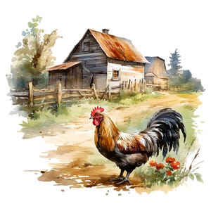 10 Rooster Clipart, Farmyard Clipart, Farm Landscape Digital, Farm Art ...