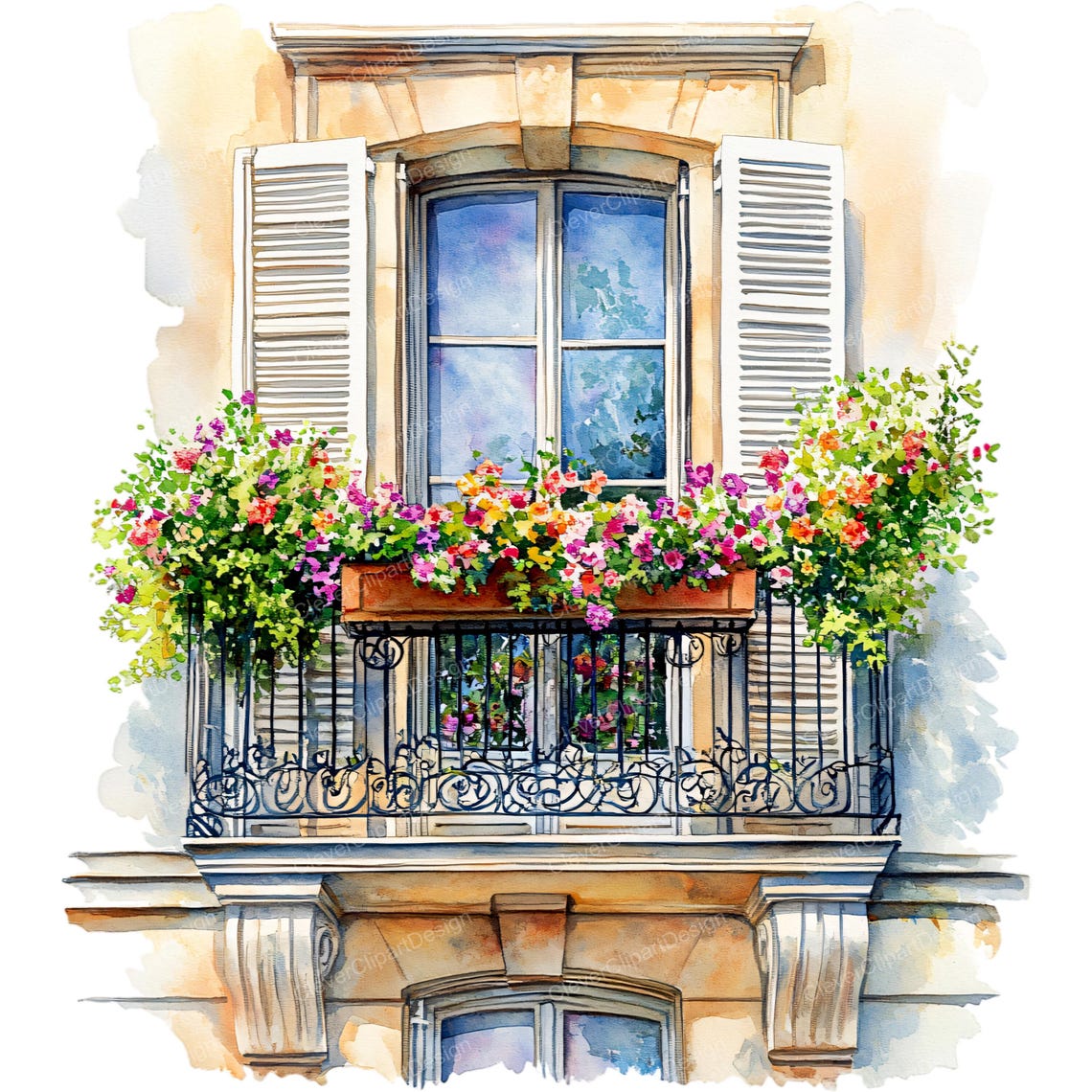 10 Paris Balcony Clipart - Watercolor Floral Windows & Balconies ...