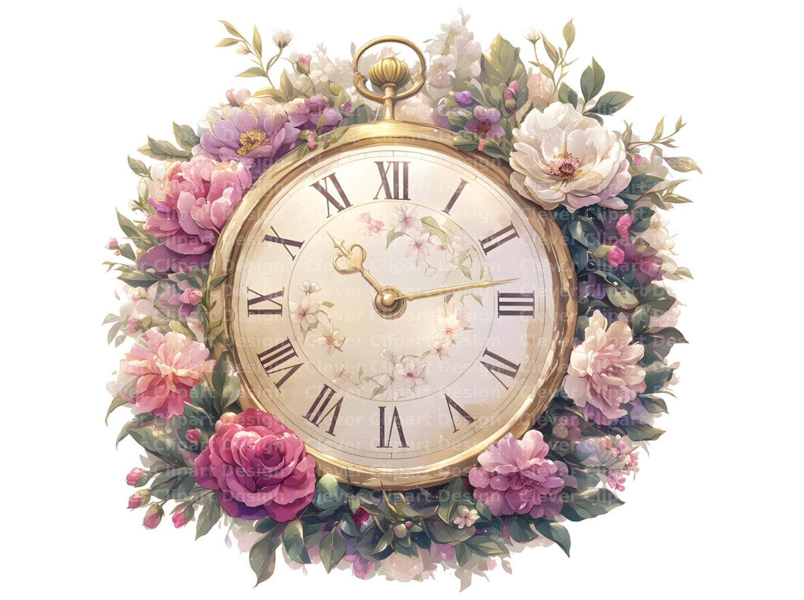 10 Floral Clock Clipart, Flower Theme Clock, Printable Watercolor ...