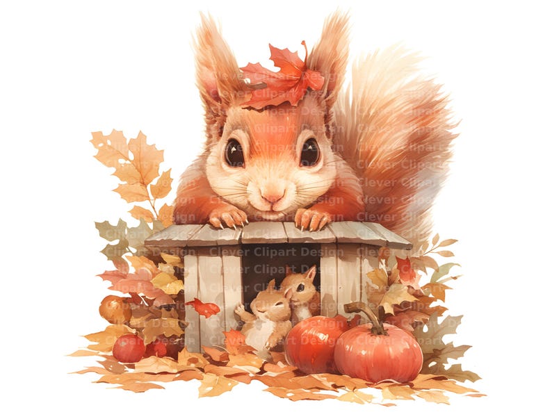 10 Autumn Squirrel Clipart, Fall Squirrel, Leaf, Printable Watercolor ...