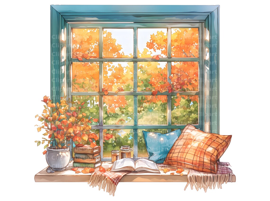 10 Autumn Window Clipart - Watercolor Cozy Window Scenes, Fall Views ...