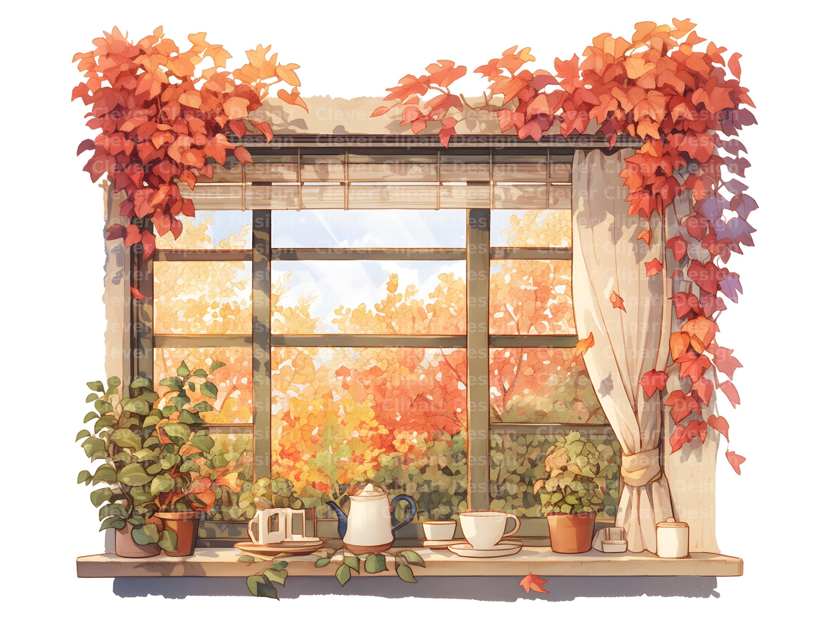 10 Autumn Window Clipart - Watercolor Cozy Window Scenes, Fall Views ...
