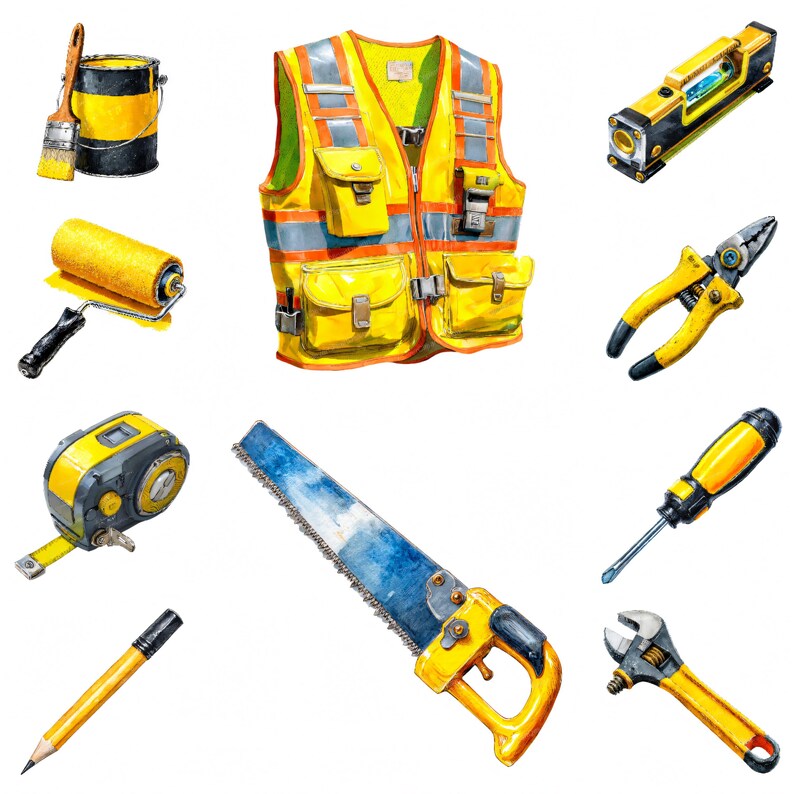14 Construction Tools Clipart - Watercolor Black & Yellow Tools Set ...