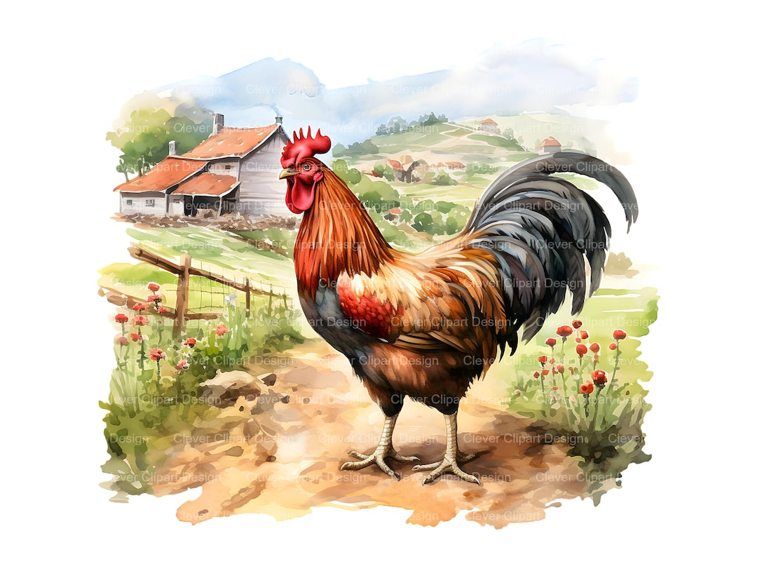 10 Rooster Clipart, Farmyard Clipart, Farm Landscape Digital, Farm Art ...