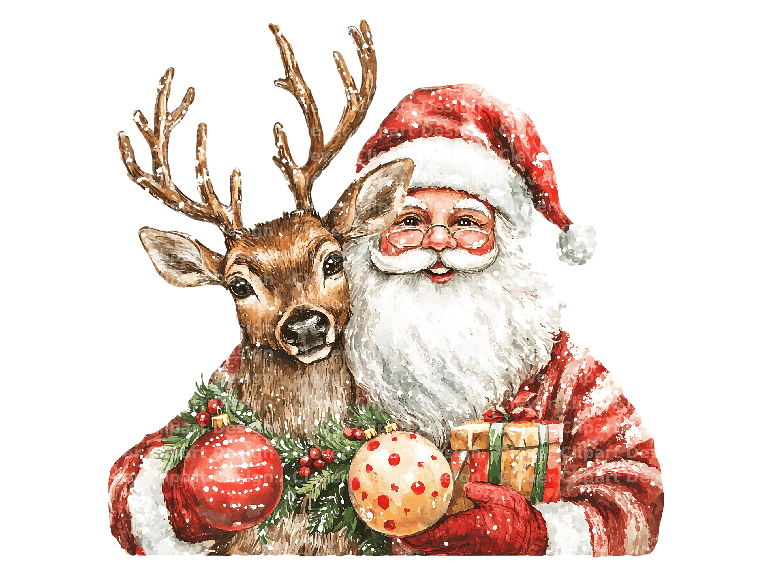 10 Santa and Reindeer Clipart - Watercolor Christmas PNG Bundle - Etsy