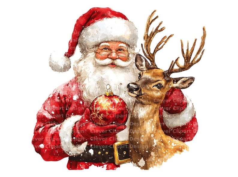 10 Santa and Deer Clipart, Christmas Card Art, Reindeer Clipart, Santa ...