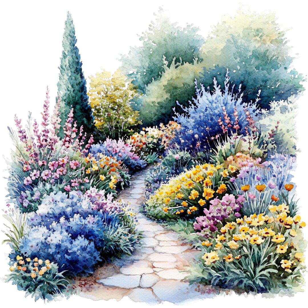 10 Watercolor Garden Clipart - Cozy Flower Landscapes, Cottage Garden ...