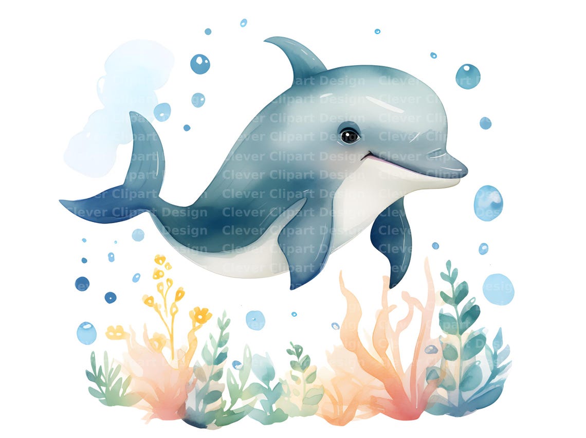 10 Dolphin Clipart - Watercolor Nursery Dolphins, Ocean Animals PNG ...