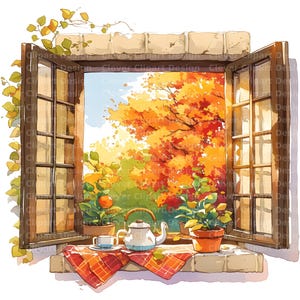 10 Autumn Window Clipart - Watercolor Cozy Window Scenes, Fall Views ...