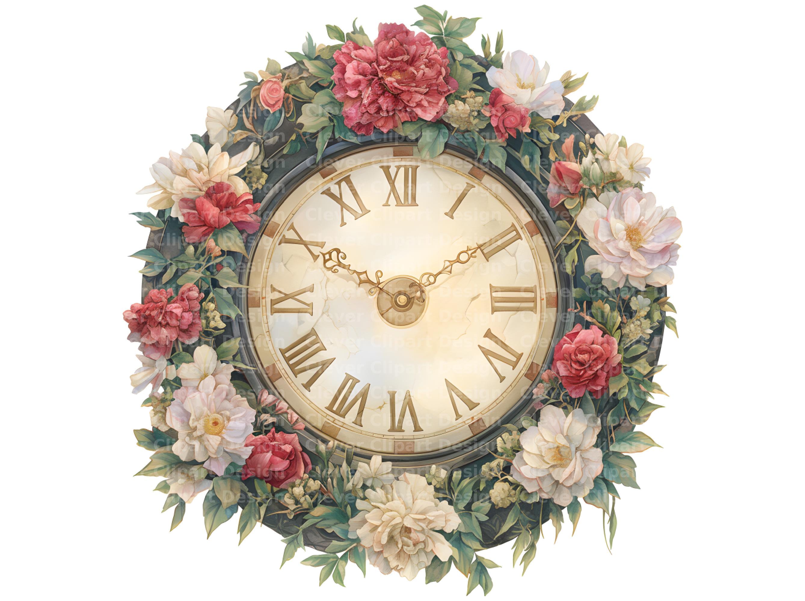 10 Floral Clock Clipart, Flower Theme Clock, Printable Watercolor ...