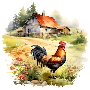 10 Rooster Clipart, Farmyard Clipart, Farm Landscape Digital, Farm Art ...