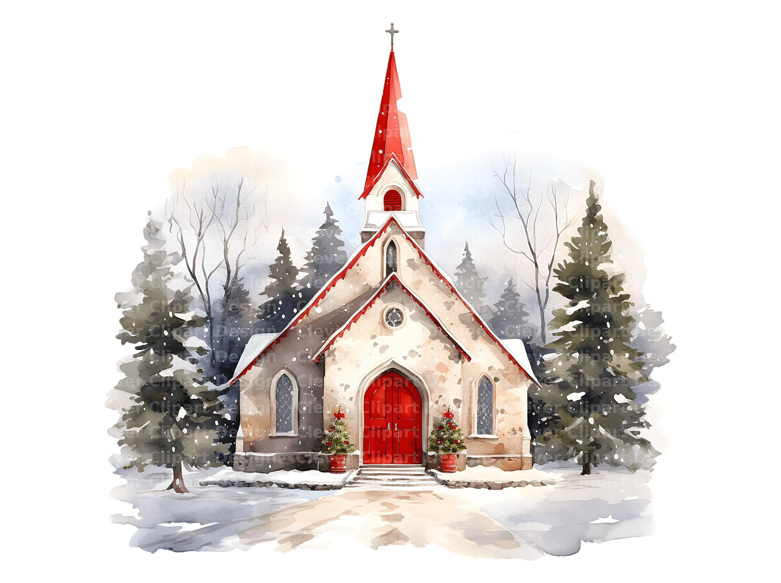 10 Christmas Church Clipart, Christmas Card, Winter Church Clipart ...