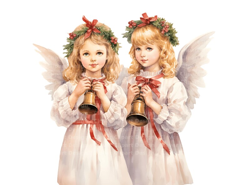 10 Christmas Angels Clipart, Angels With Bells, Christmas Card Art ...