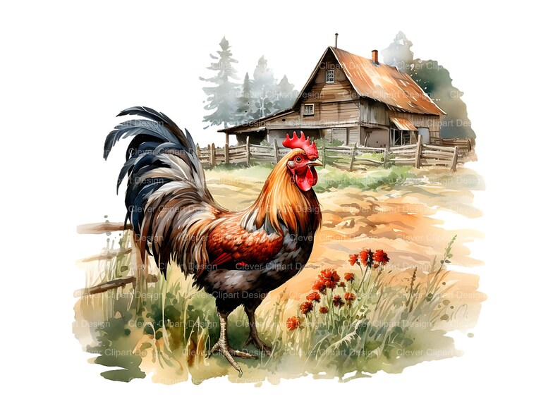 10 Rooster Clipart, Farmyard Clipart, Farm Landscape Digital, Farm Art ...