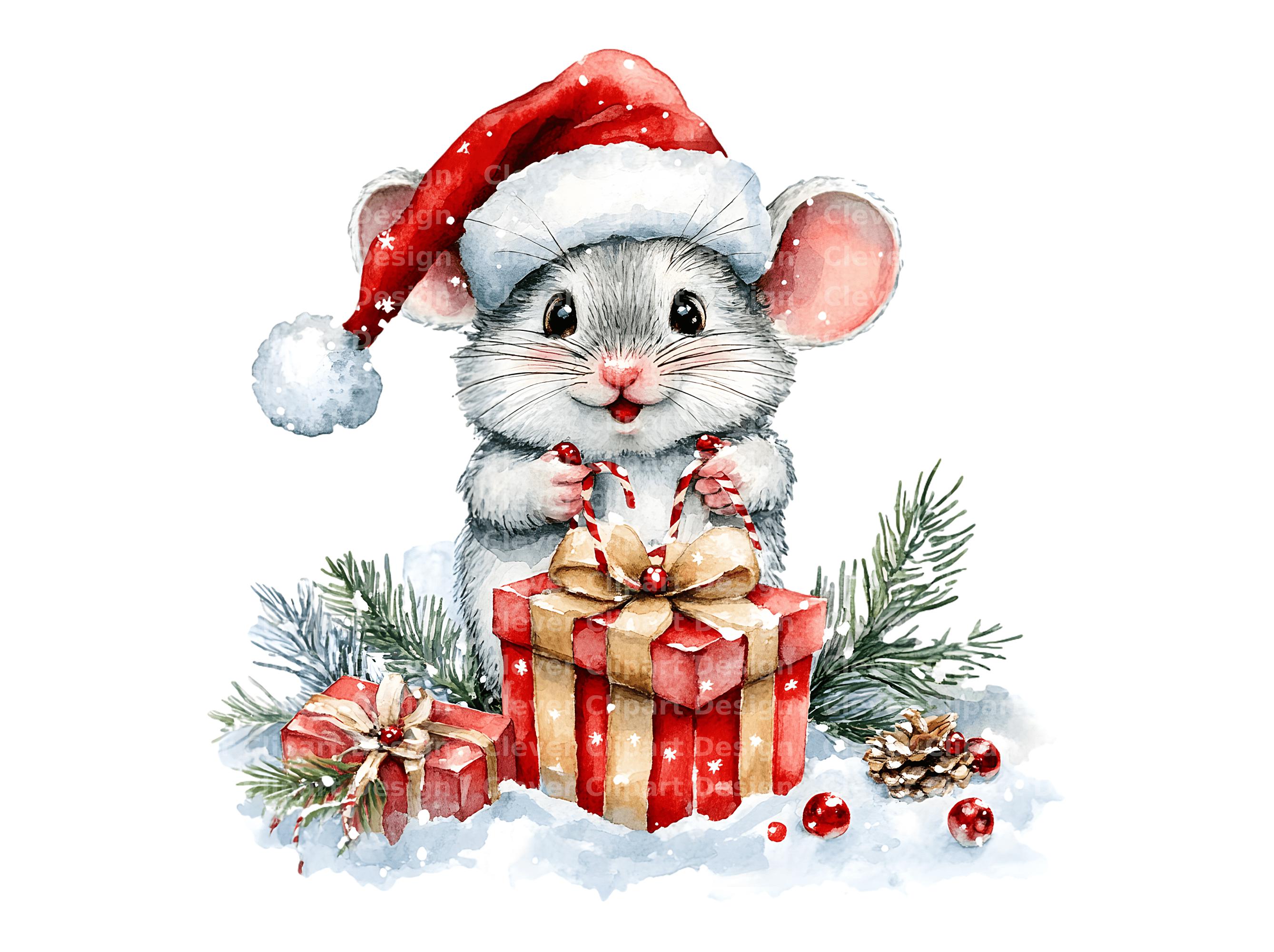 10 Christmas Mouse Clipart, Christmas Card, Mouse in Santa Hat, Mouse ...